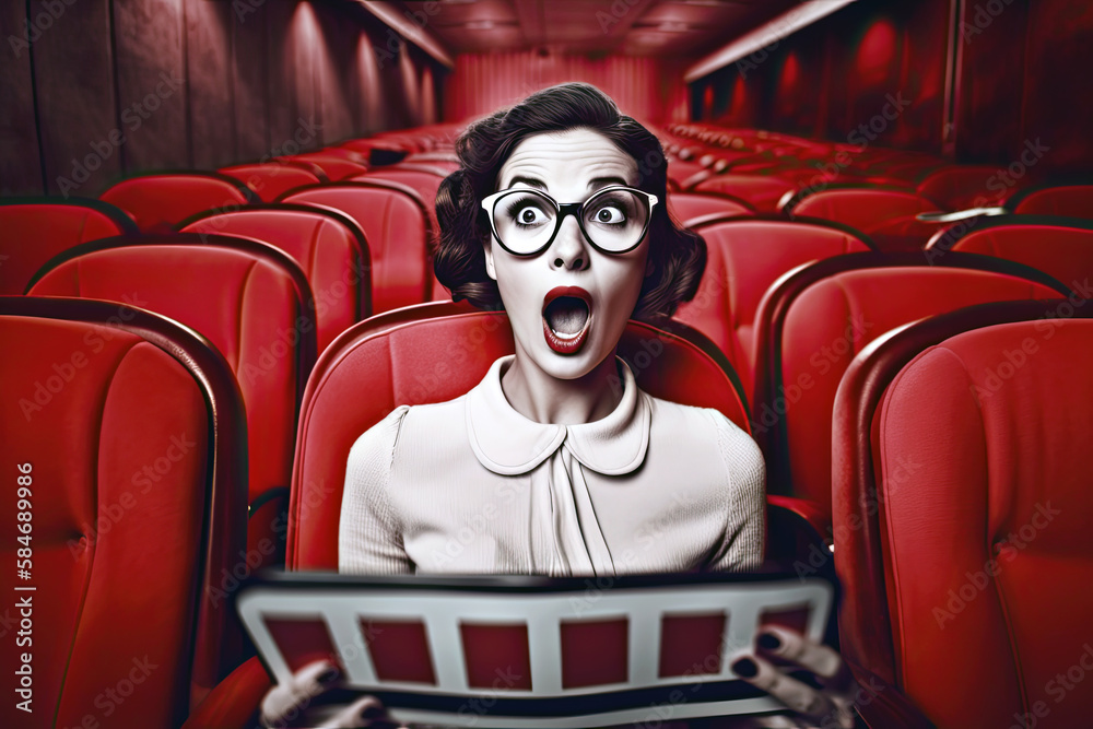 Generative AI Illustration of a woman in the cinema with a surprised ...