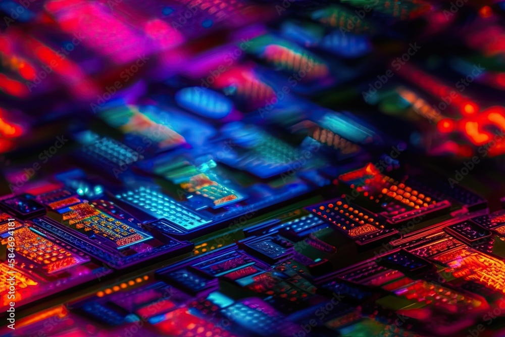 macro of neon colored silicon wafer integrated circuits used to create ...
