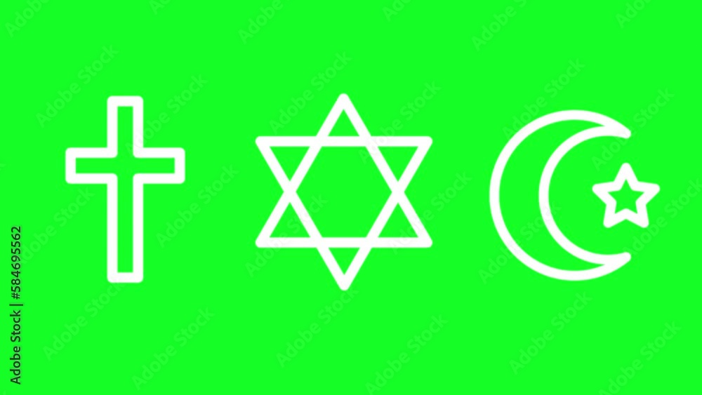 Animated religions white line icons. Islam, Christianity and Judaism ...
