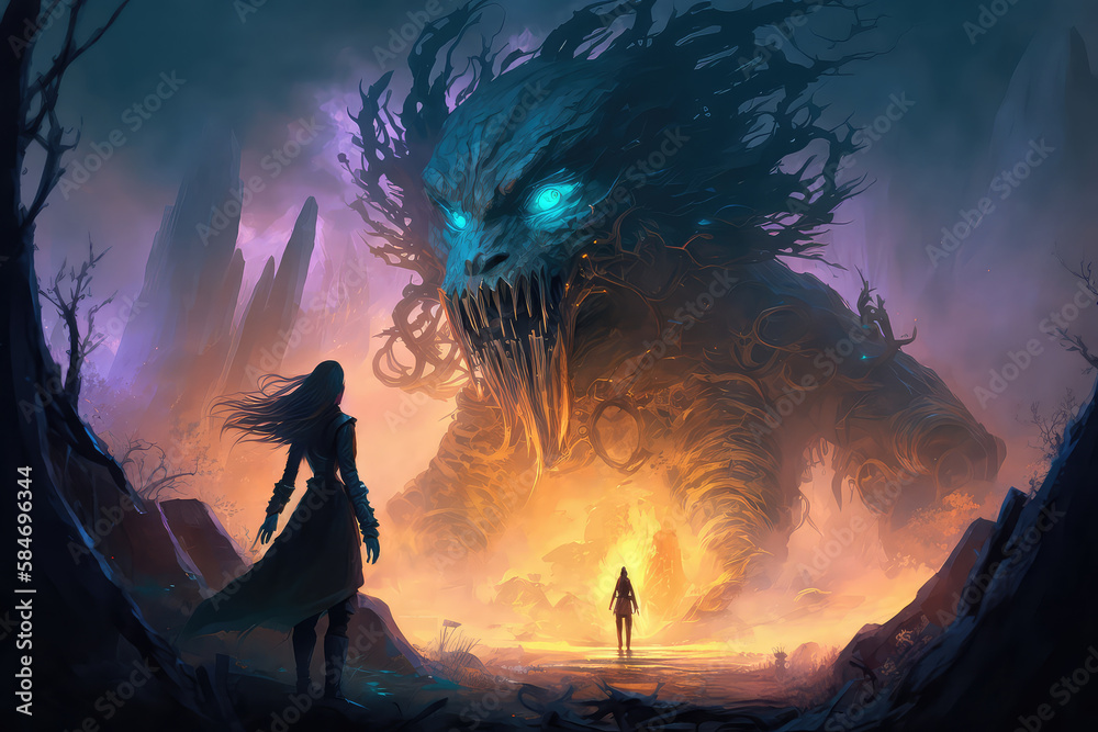 Mage woman summoning a giant creature. Colorful Landscape. 3D ...