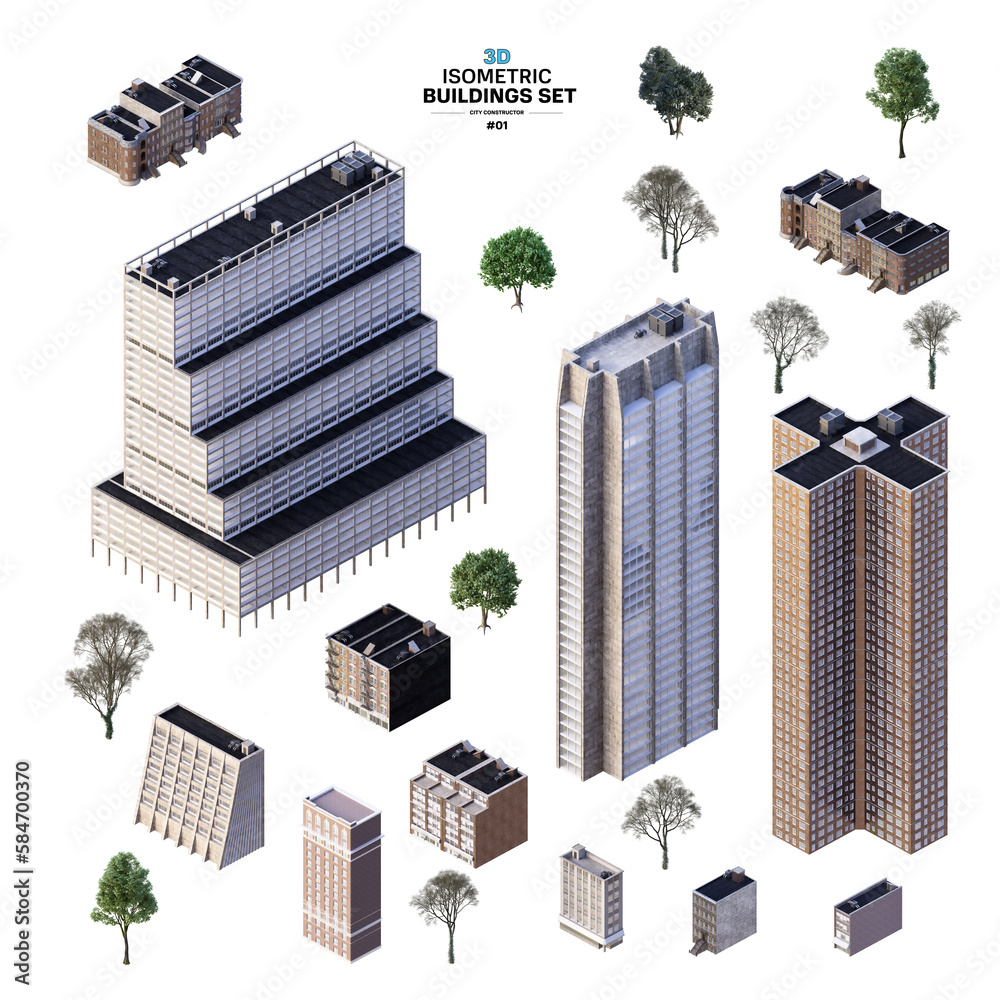 Isometric city constructor. Realistic urban 3D skyscrapers, business towers, offices ...
