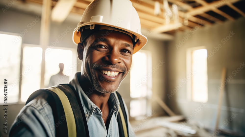 Builder smiling, construction site, positive worker, diversity, hard ...