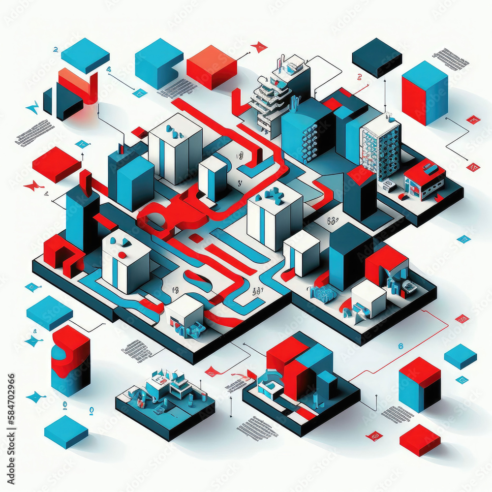 flowchart isometric vector art , city, red and blue accents, public ...