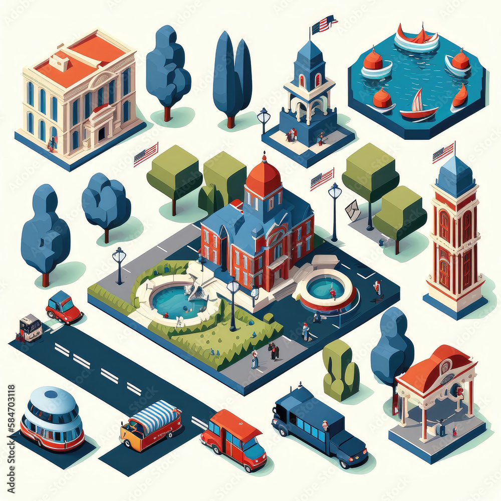 sprite sheet of of isometric vector art, city buildings, streets river ...