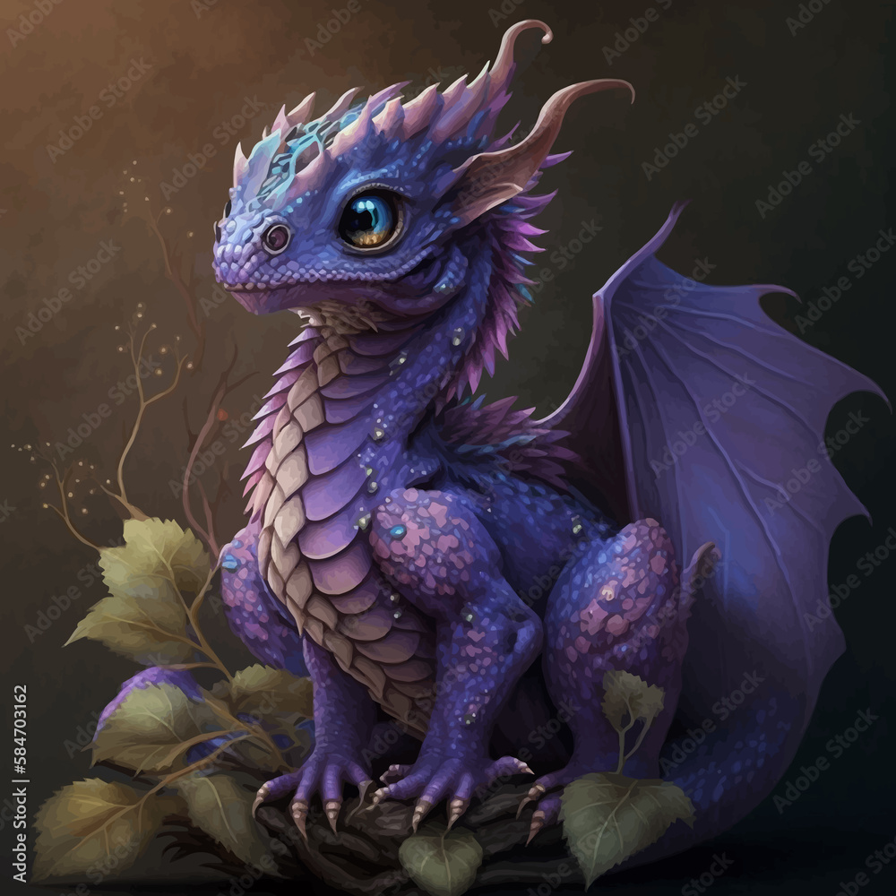 Fantasy purple baby dragon with blue eye on dark background. Cartoon ...