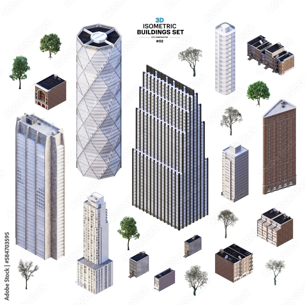 Isometric city constructor. Realistic urban 3D skyscrapers, business ...