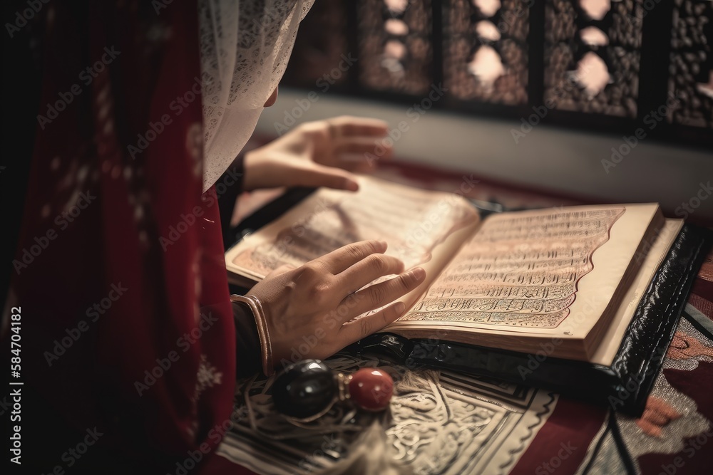 Muslim girl reading the holy book Quran on a prayer rug. A Muslim girl ...
