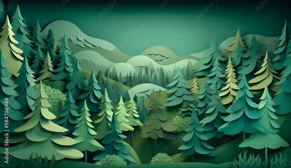 Forest background with lots of green trees with Papercut art style ...