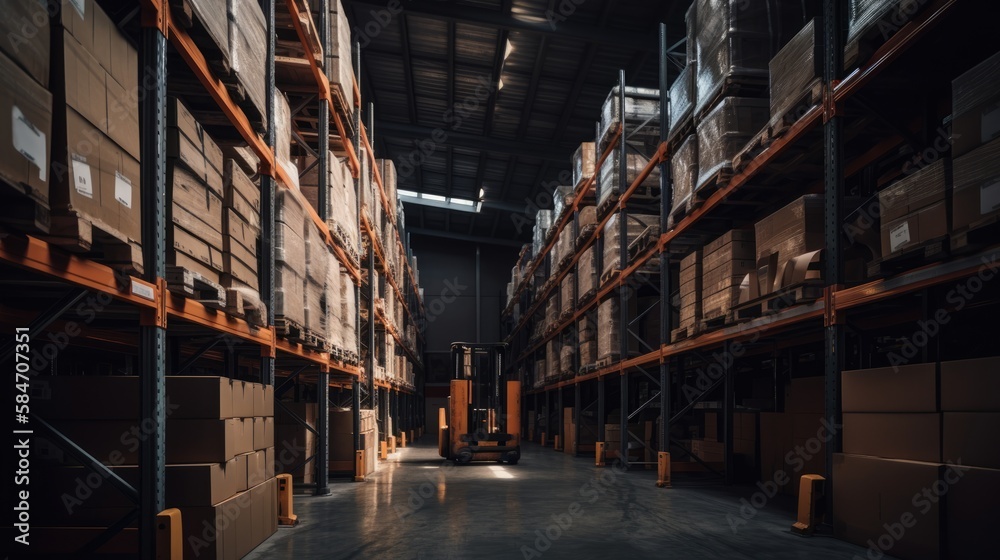 Commercial Warehouse Forklifts Handling Pallets and Cartons. AI ...