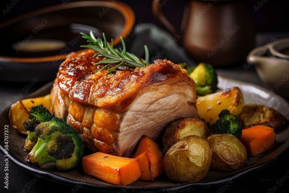 Classic English Sunday Roast with Roasted Pork, Crispy Crackling and ...