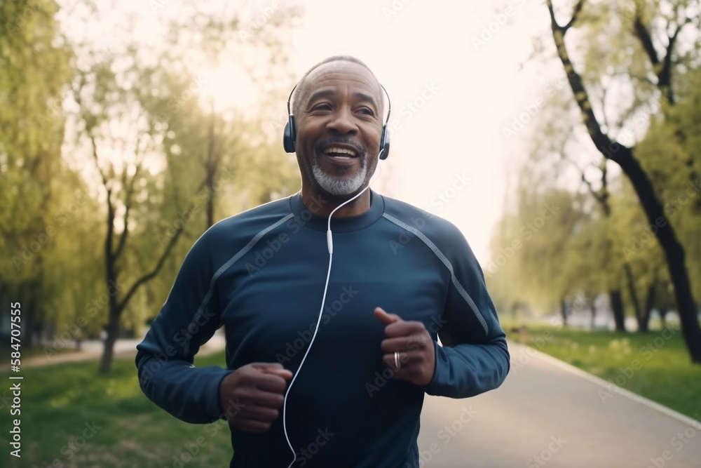African American black man running on a jogging path wearing headphones ...