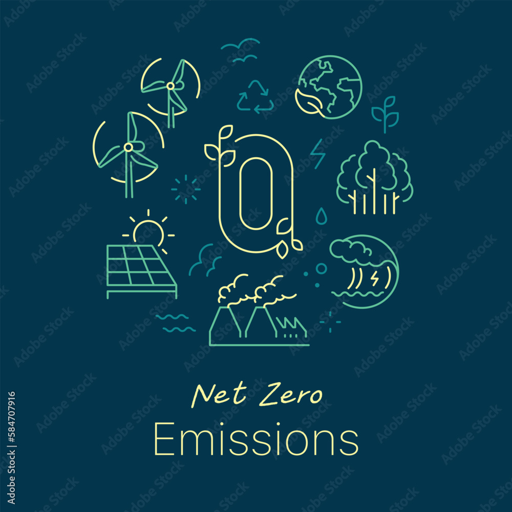 Net zero emissions concept vector illustration. Line art style dark ...