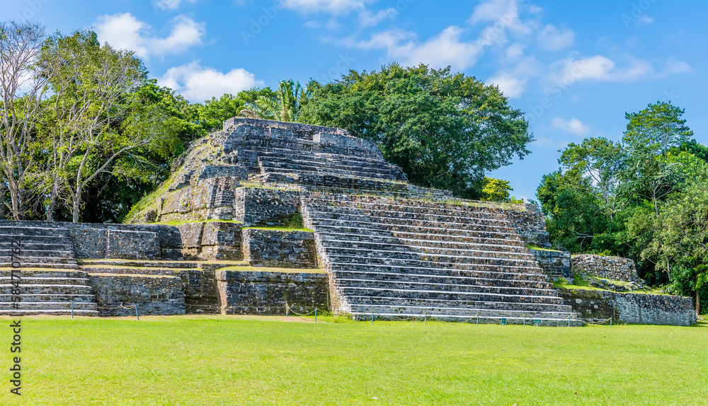 A view along the far side of the first plaza in the ancient Mayan city ...