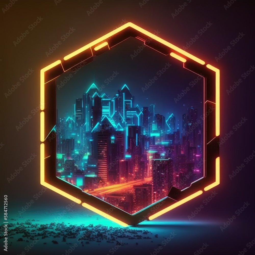 Futuristic of neon glowing in hexagon shape of cityscape. Concept of ...