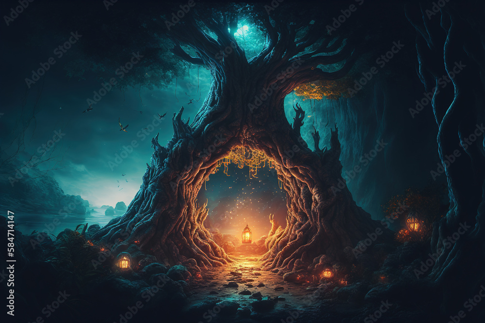 Sacred fantasy tree of life with afterlife portal gate leading to ...