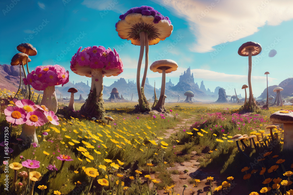 Whimsical Giant Mushrooms in a Colorful Wasteland Landscape Generative ...