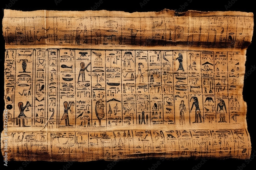 Ancient Egyptian hieroglyphics on a broad, textured papyrus scroll ...