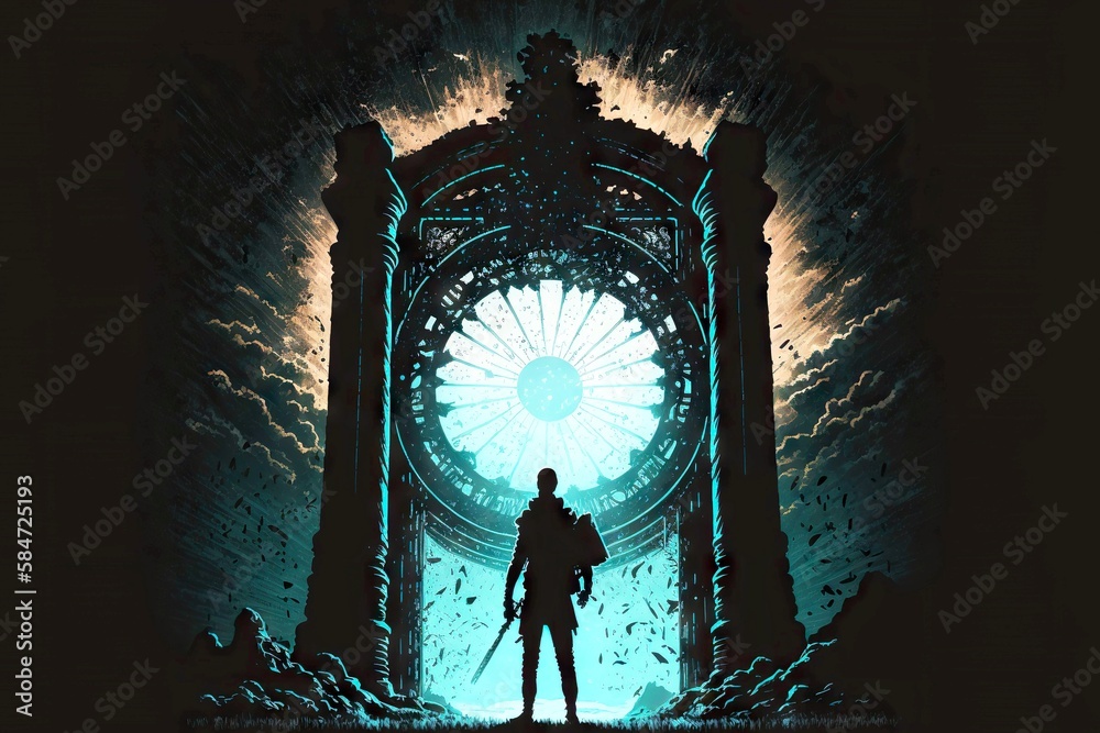 human silhouette standing front of time portal giant gate, created with ...
