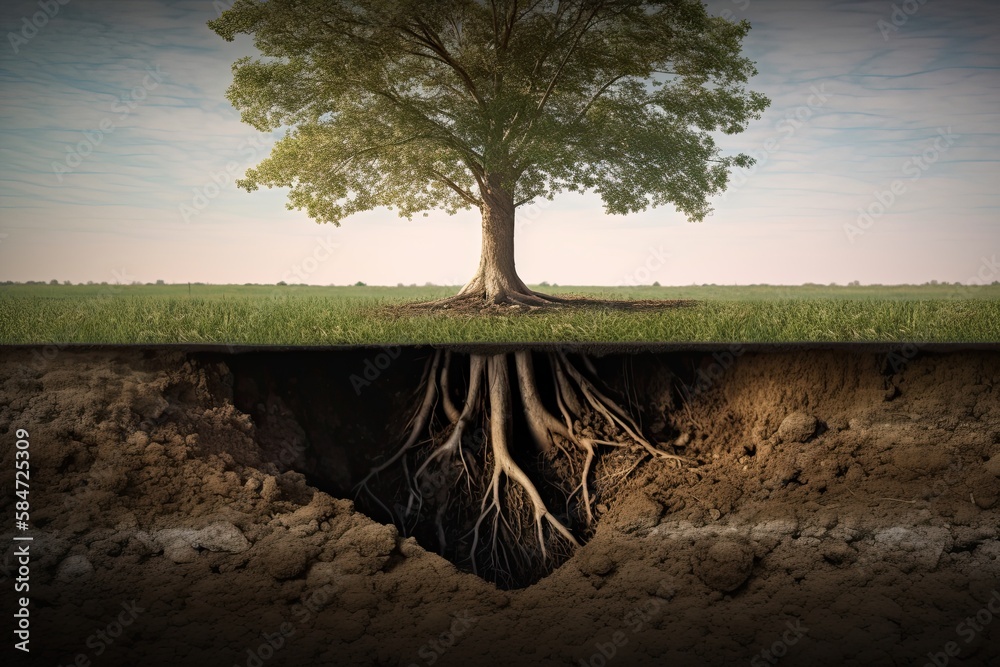 Nurturing Nature: A Cross-Section of a Tree Growing in a Field, Half ...