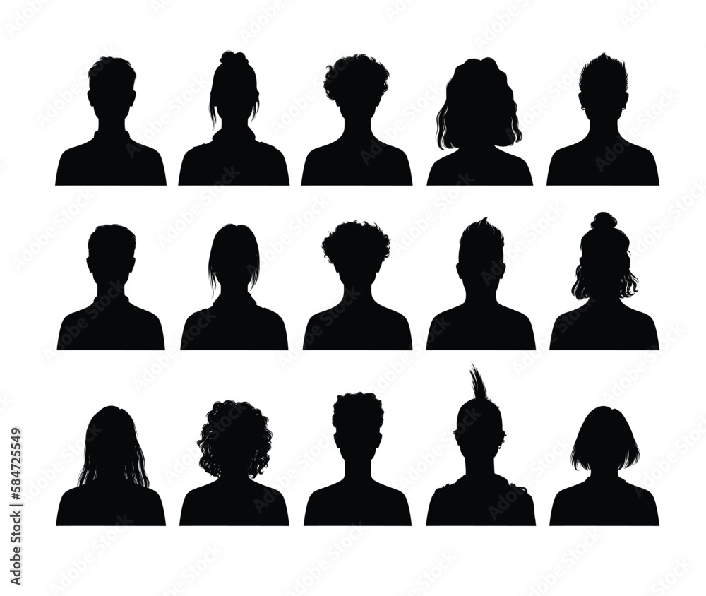 Set of silhouettes, Detailed Head Silhouettes of males and females ...