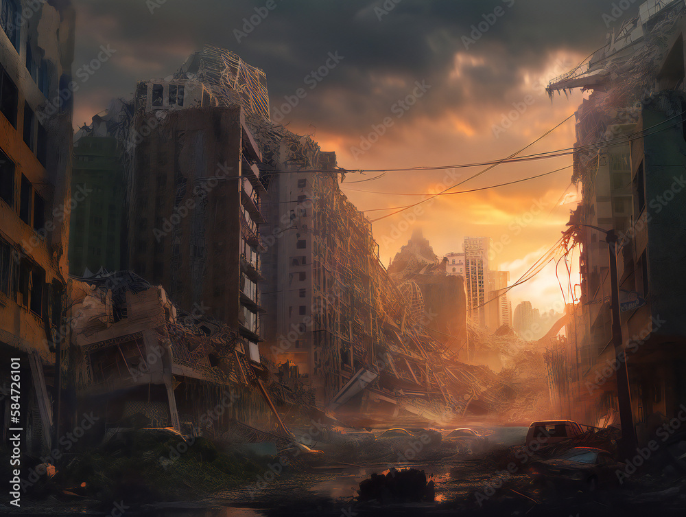city in chaos, crumbling buildings, devastation scene, generative AI ...