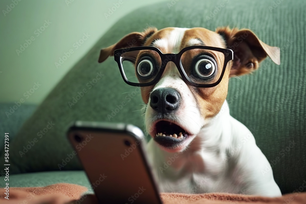 Surprised dog with open mouth looking at smartphone screen. Generative ...