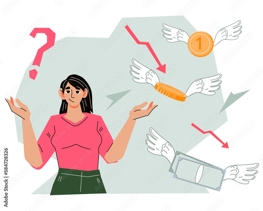 Woman surprised by high spending and has budget deficit, flat cartoon ...