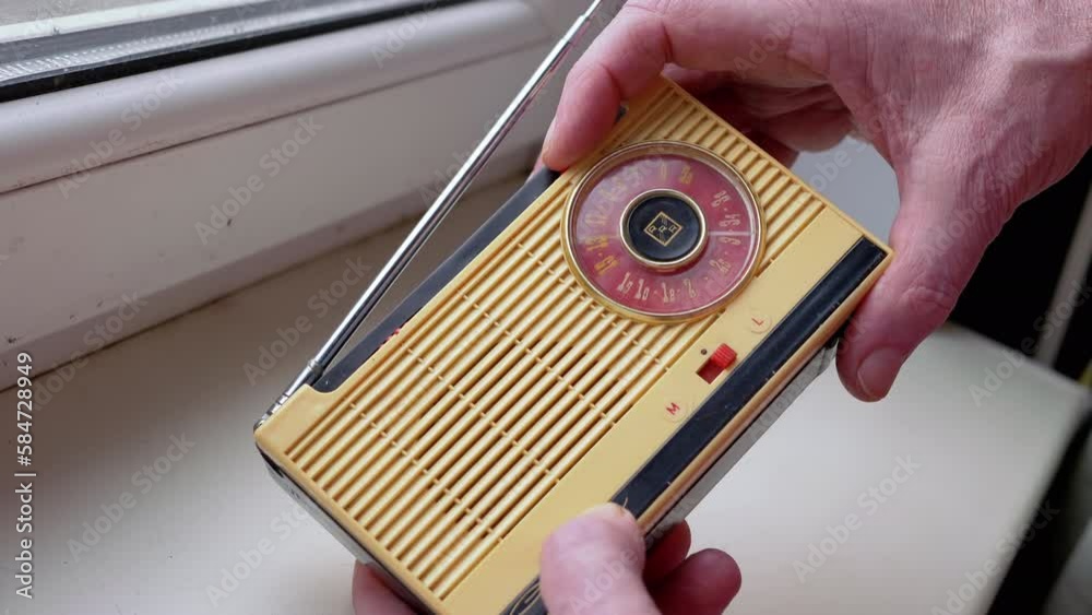 Close up, Male Fingers Adjust Frequency on an Old Vintage Retro ...