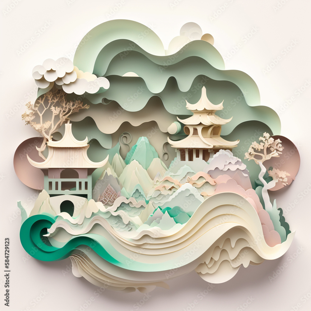 Ethereal Kirigami Temple - 3D paper temple, pastel, intricate clouds ...