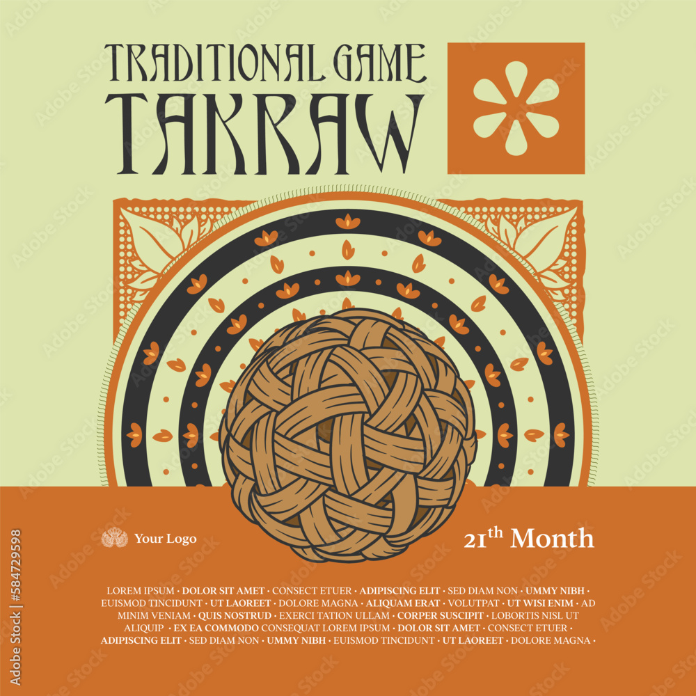 Takraw ball illustration with ethnic background. Hand drawn Indonesian ...