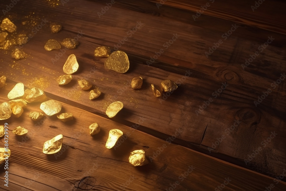Scattered gold nuggets and gold dust on a deep color wooden surface ...