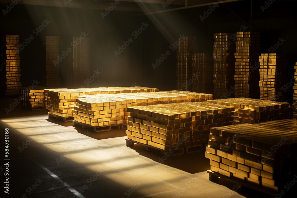 Gold bars stacked on pallets in a large vault like room, sunlight ...