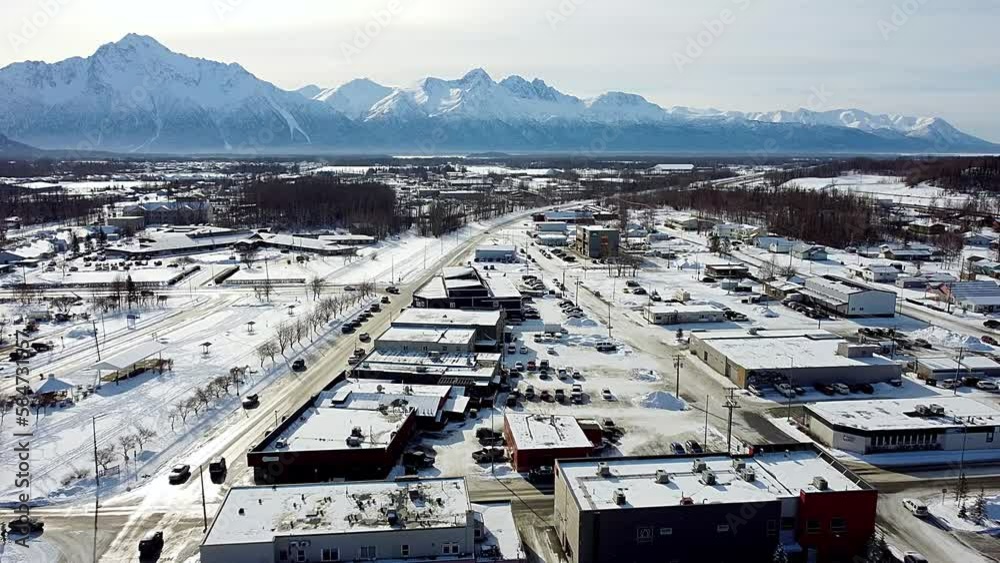 4k 30fps aerial video of the downtown Palmer Alaska in the winter Stock ...