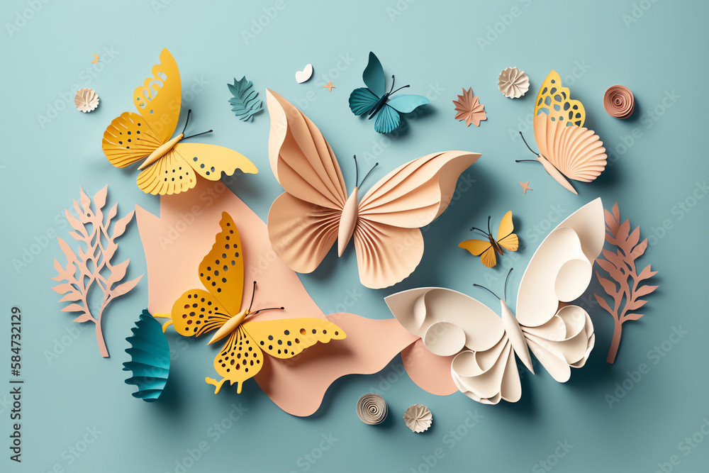 Decorative cute colorful paper butterflies. Top view flat-lay ...