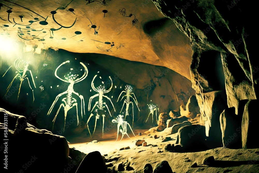 alien invasion cave drawings, intergalactic war rock painting, created ...