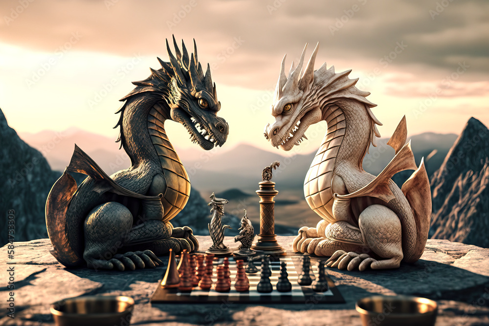 A black and white dragon sit thoughtfully opposite each other next to a ...