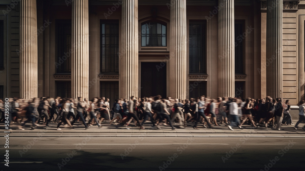 Bank run in major city, large crowd running towards a bank to claim ...