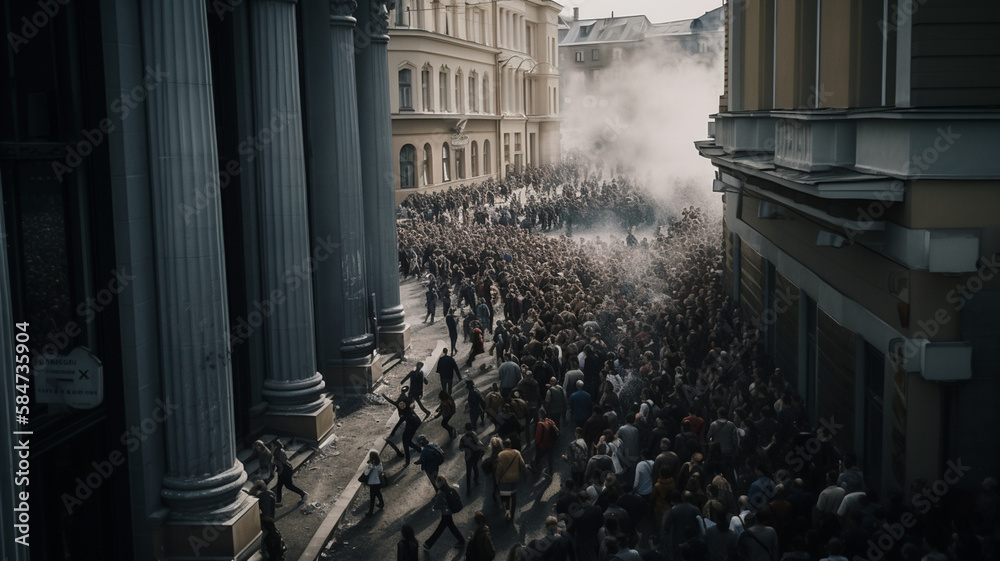 Bank run in major city, large crowd running towards a bank to claim ...