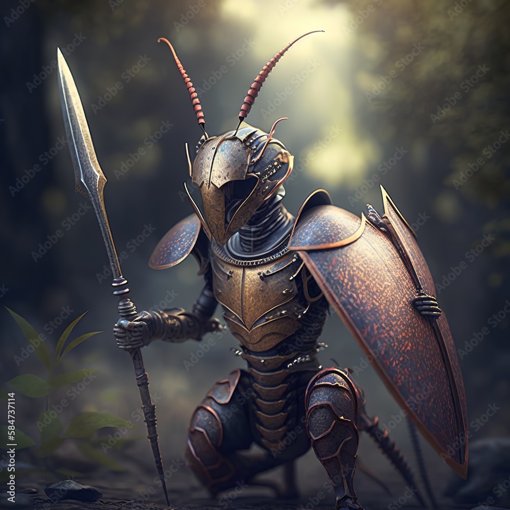 ant warrior with shield and sword, unrealistic, fantasy,hero with tentacles war alone strong red ...