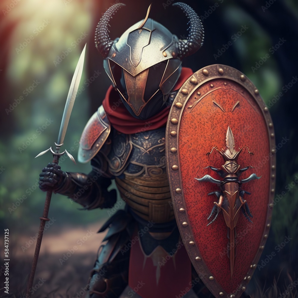 ant warrior with shield and sword unrealistic, fantasy hero with ...
