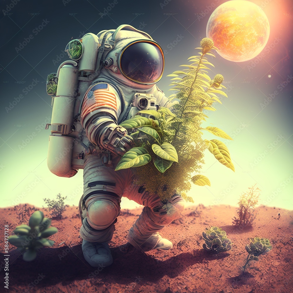 Astronaut growing plant, agriculture and farming on alien planet mars ...