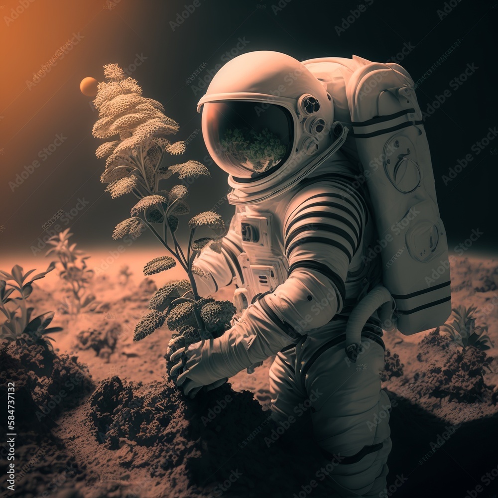 Astronaut growing plant, agriculture and farming on alien planet mars ...