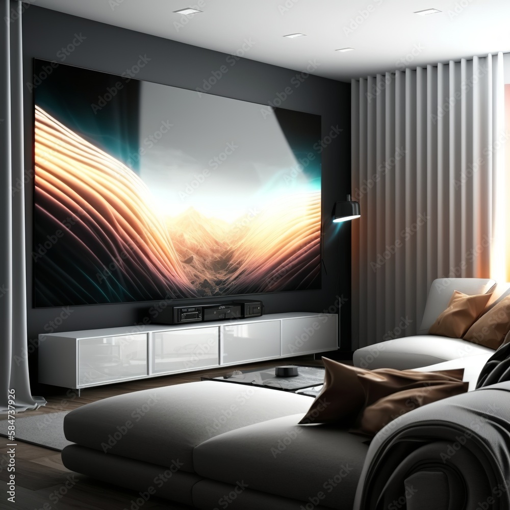 Modern living room interior with sofa and large tv screen on the wall ...