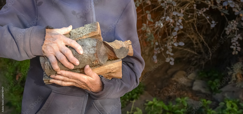 Old man in a tainted rattle holds firewood in overworked hands. Poor ...