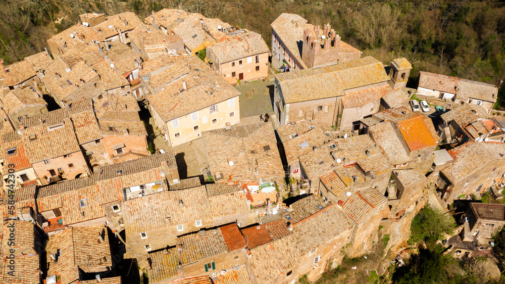 Aerial view of old town of Calcata, in the Province of Viterbo, Lazio ...