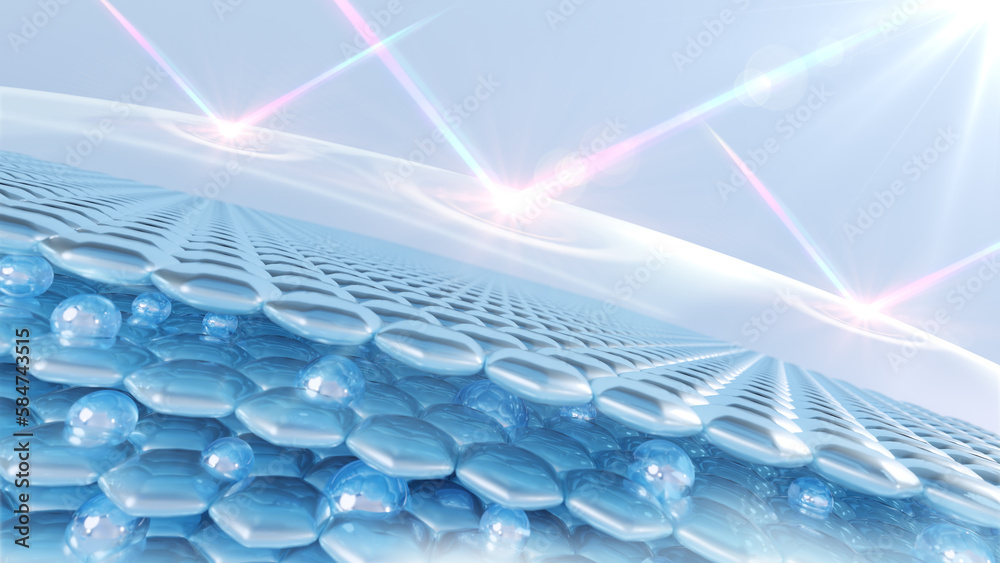 UV-protected 3D rendering of skin cells. Serum is absorbed via the skin ...