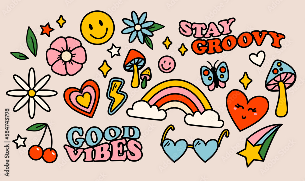 Groovy objects collection. Vintage hippie elements for logo, print ...
