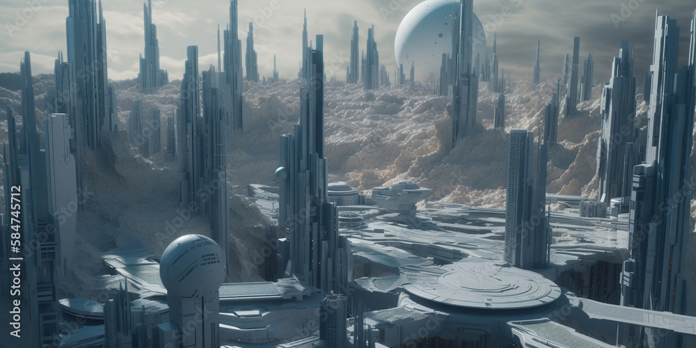 futuristic sci-fi city on an alien planet, white towers and domes ...