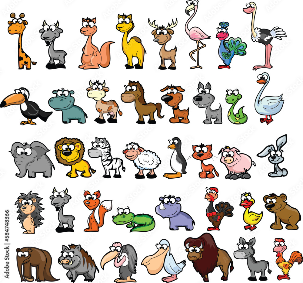 Big collection of cute cartoon animals,birds and sea creatures of the ...