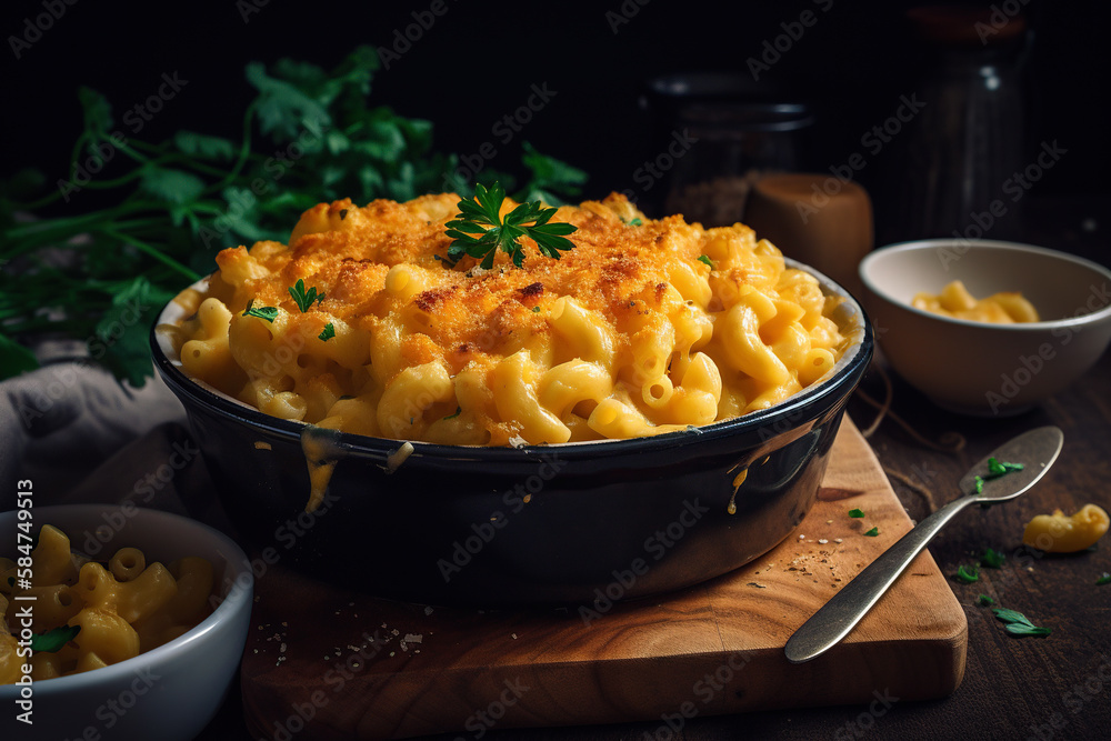 Mac and cheese. Classic American rustic mac and cheese. Golden baked ...